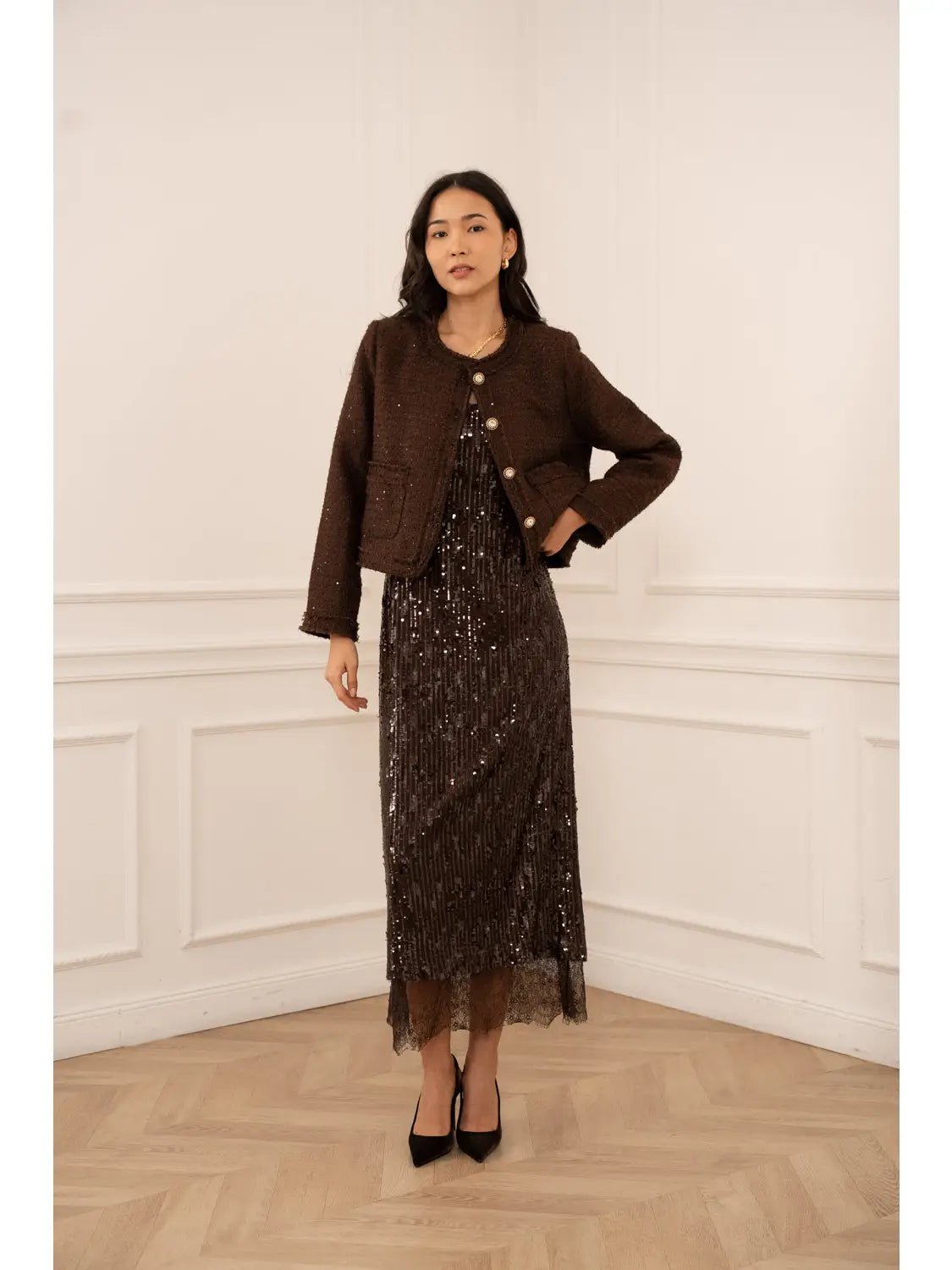 Edith Sequin & Lace Dress - Chocolate Brown - Monica Luz